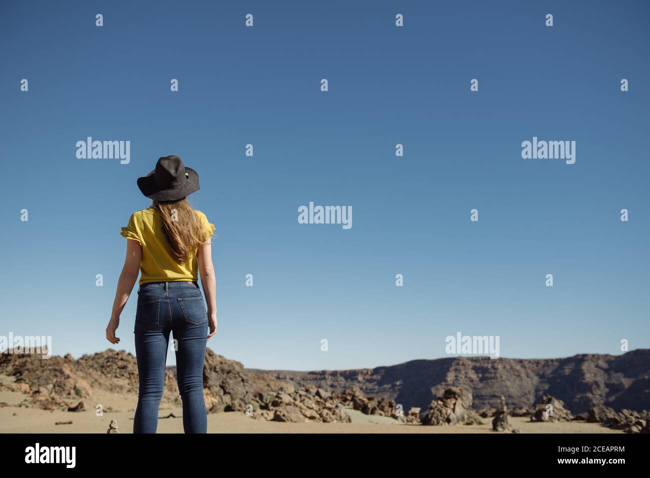 From below Woman standing against blue cloudless sky and dry mountains ...