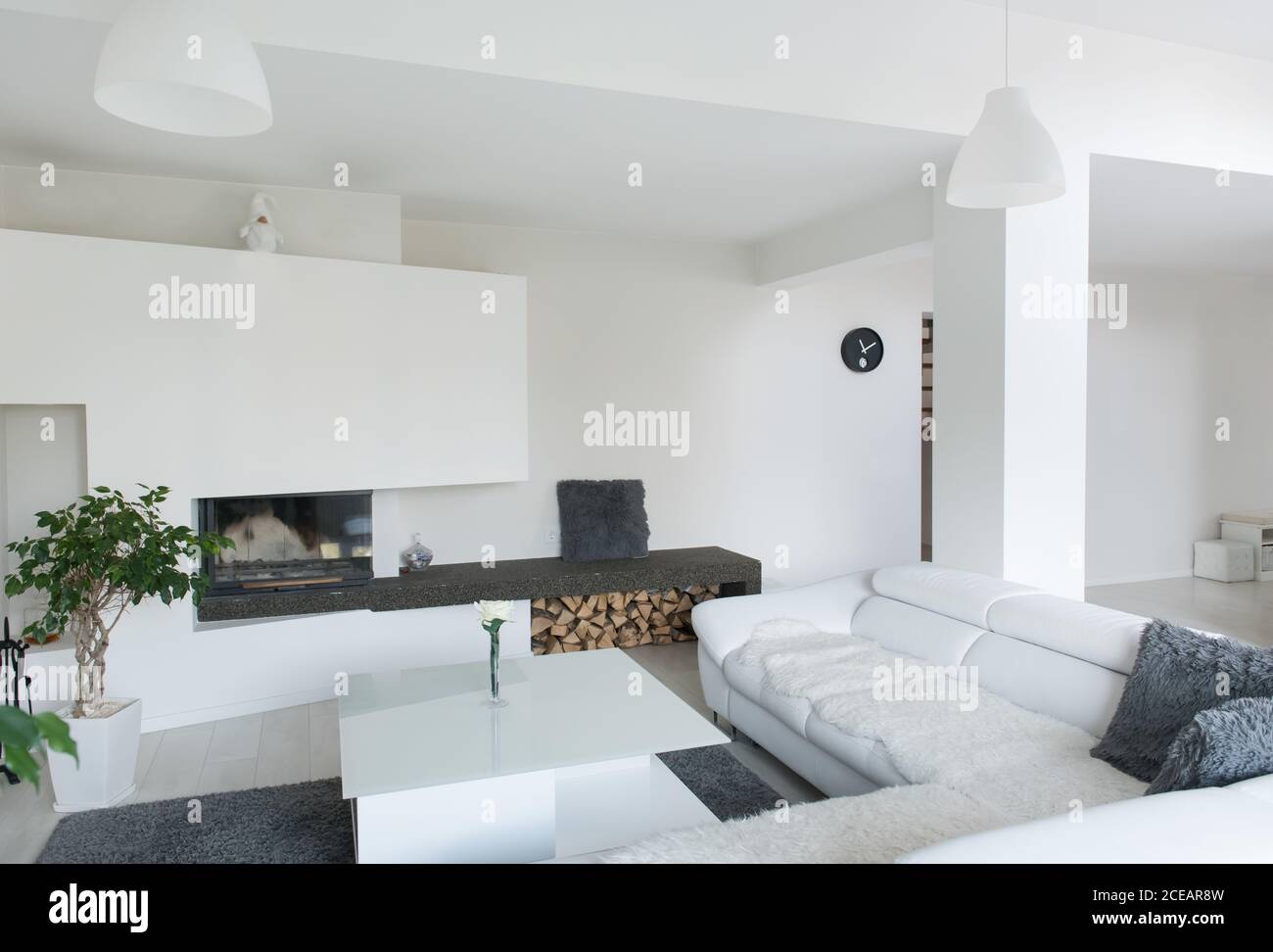 Modern living room made in white color furnished with cozy leather ...