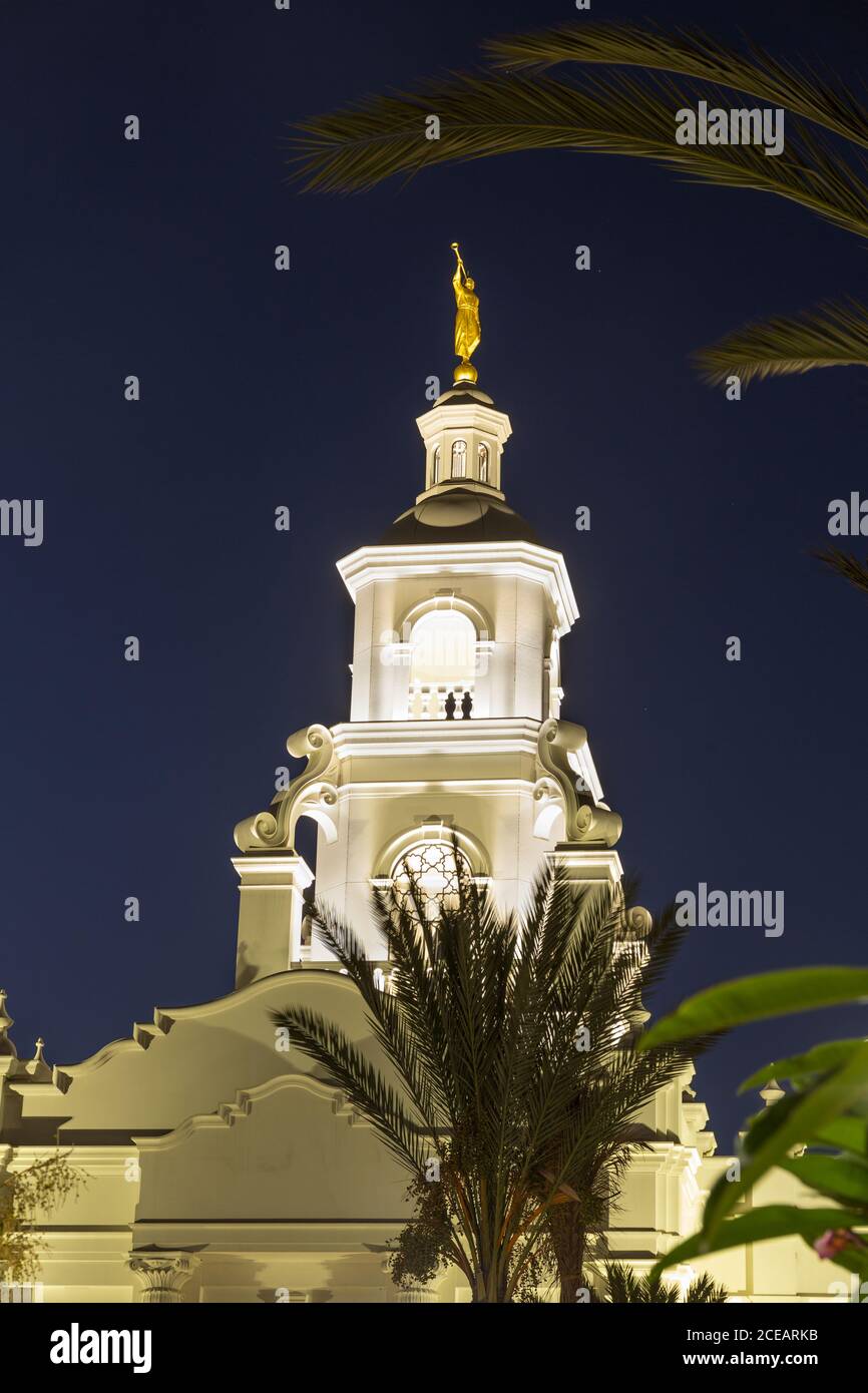A statue of the angel, Moroni, on the spire of the Tijuana Temple of ...