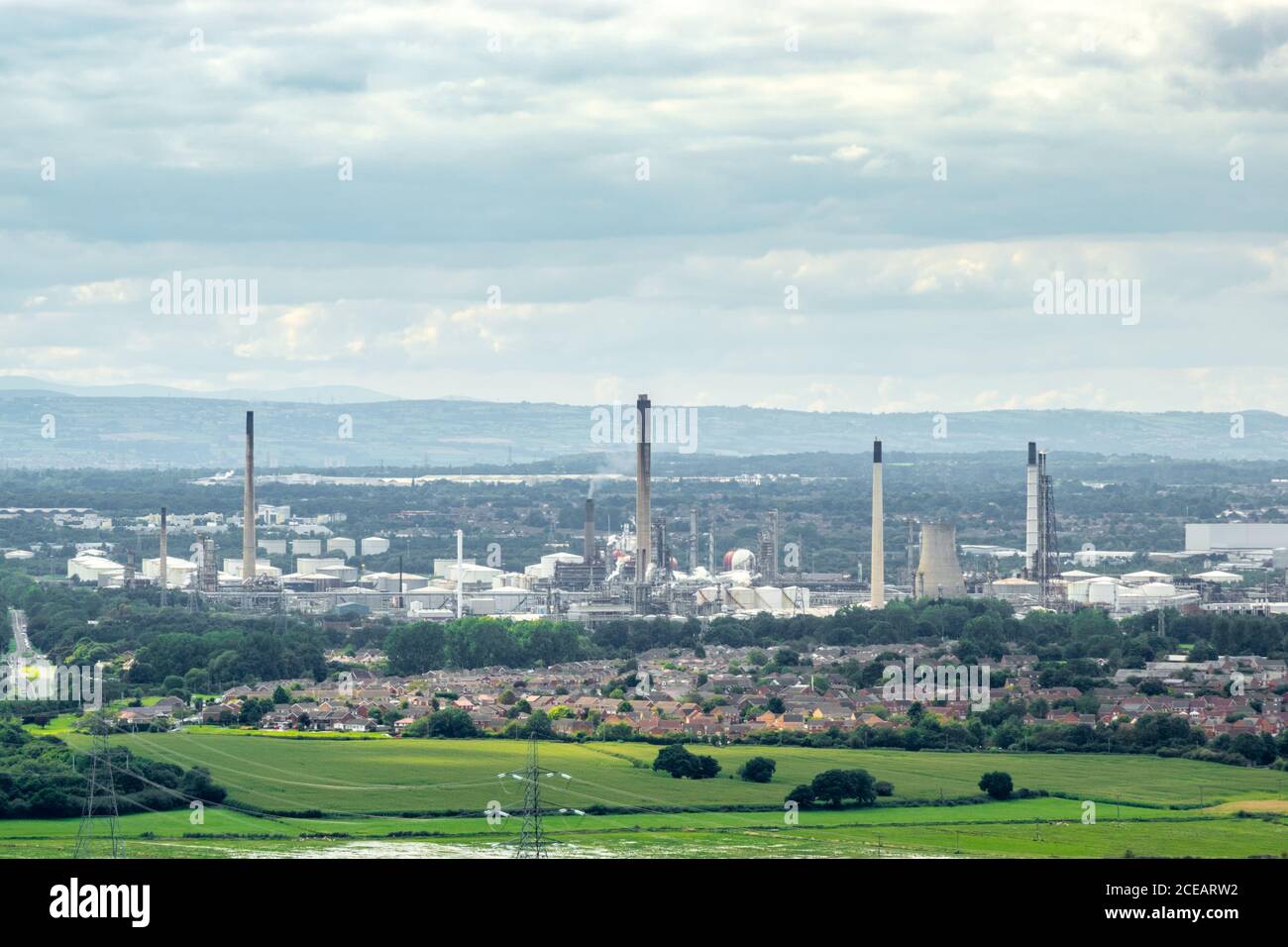 Stanlow Oil Refinery in Ellesmere Port, Cheshire viewed from Helsby ...