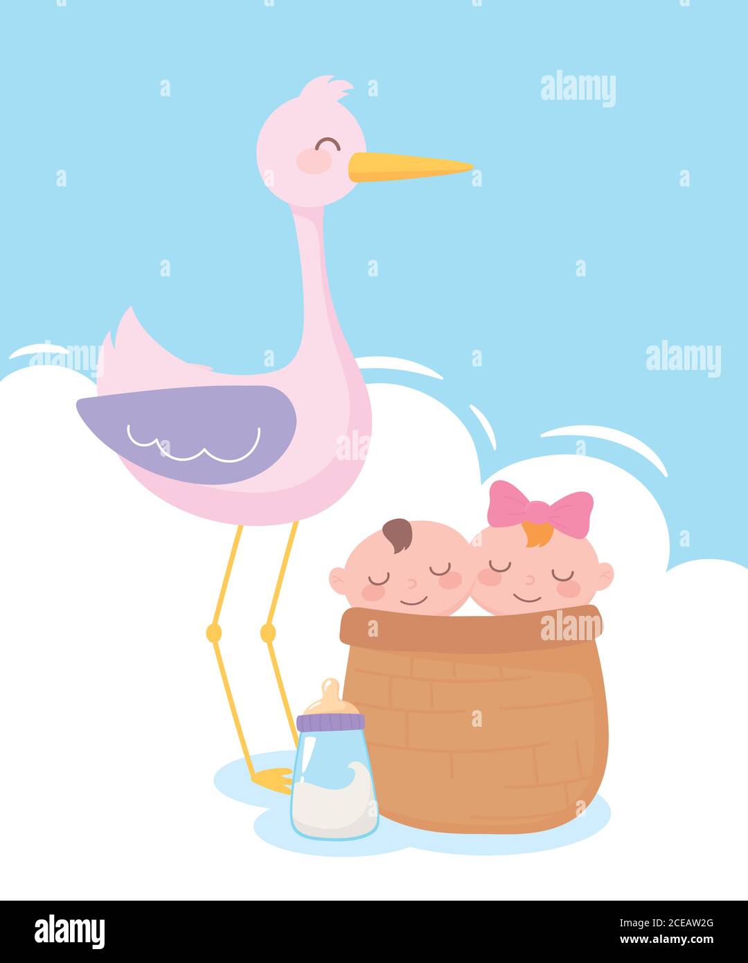baby shower, stork with babies in basket and bottle milk, celebration ...