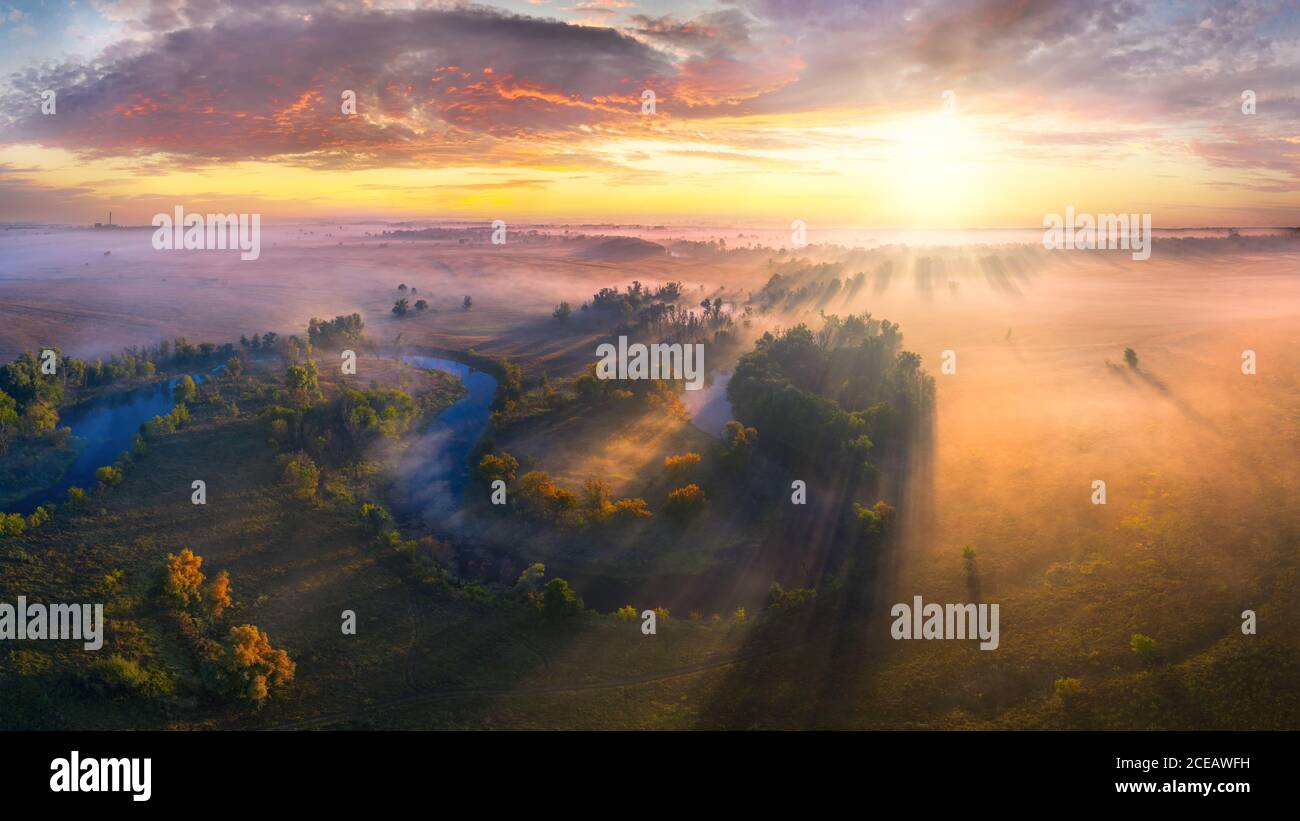 Mystical river sunrise fog aerial hi-res stock photography and images ...