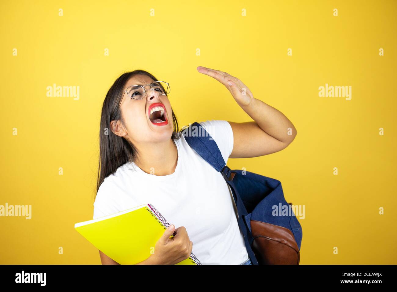 Young beautiful student woman wearing backpack holding notebook over ...
