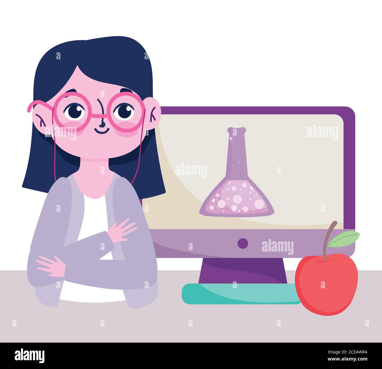 happy teachers day, teacher computer chemistry flask and apple vector ...