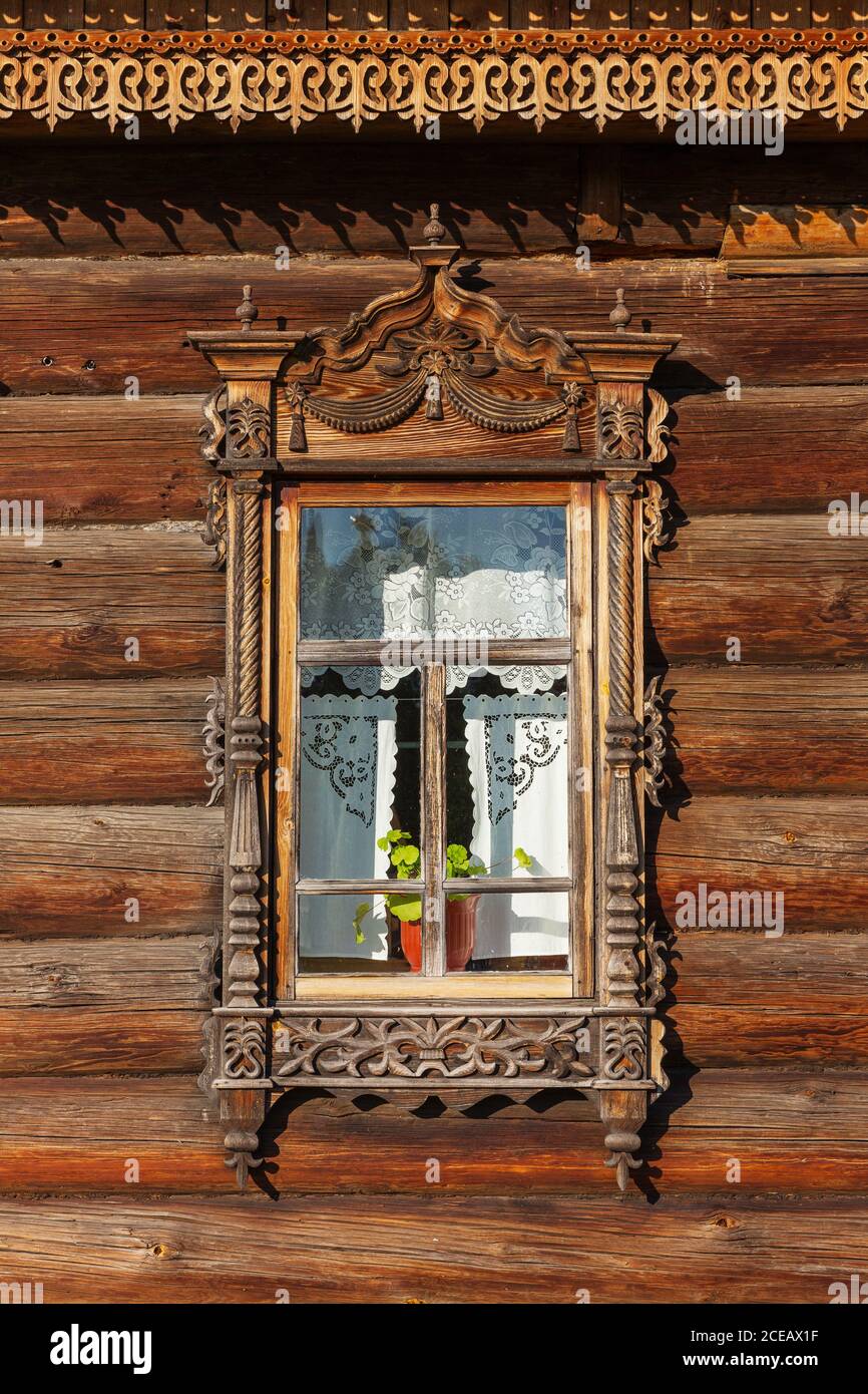 Wooden windows with frames, traditional old Russian architecture Stock ...