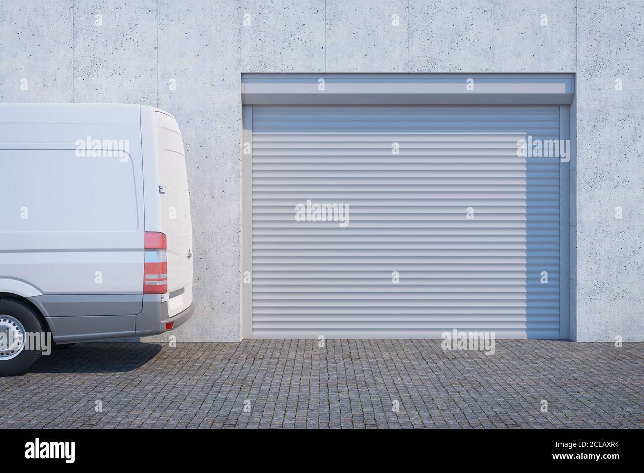 van near the garage with closed shutter door Stock Photo - Alamy