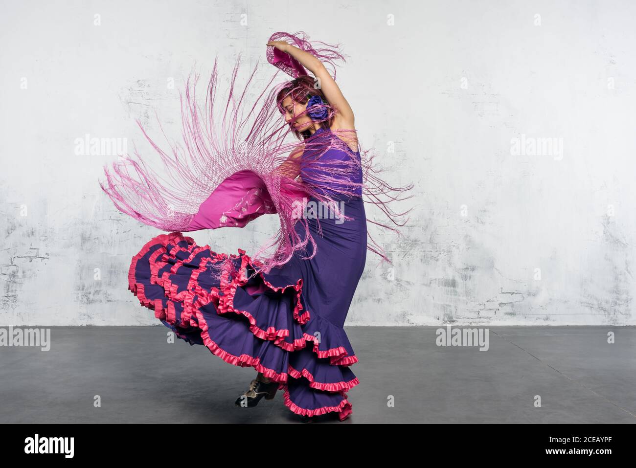 Flamenco dancer in action with the typical Spanish dance costume. High ...