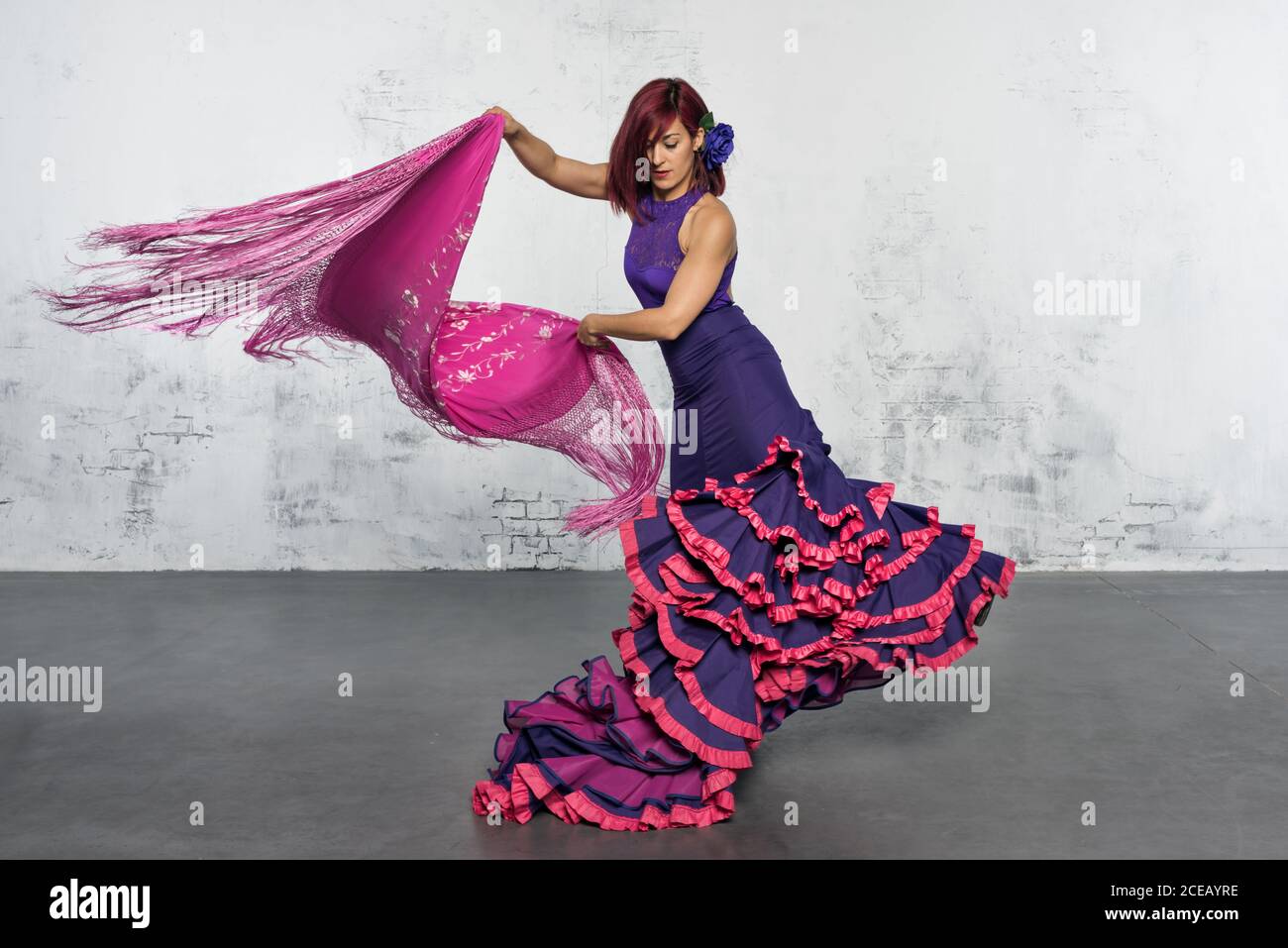Flamenco dancer in action with the typical Spanish dance costume. High ...