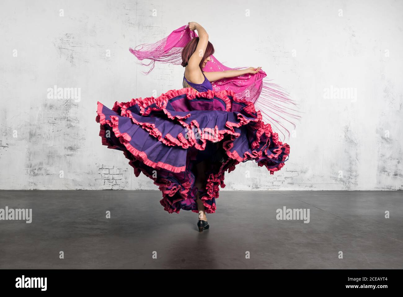 Flamenco dancer in action with the typical Spanish dance costume. High ...