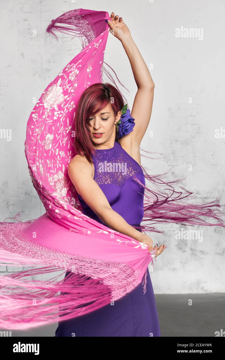 Flamenco dancer in action with the typical Spanish dance costume. High ...