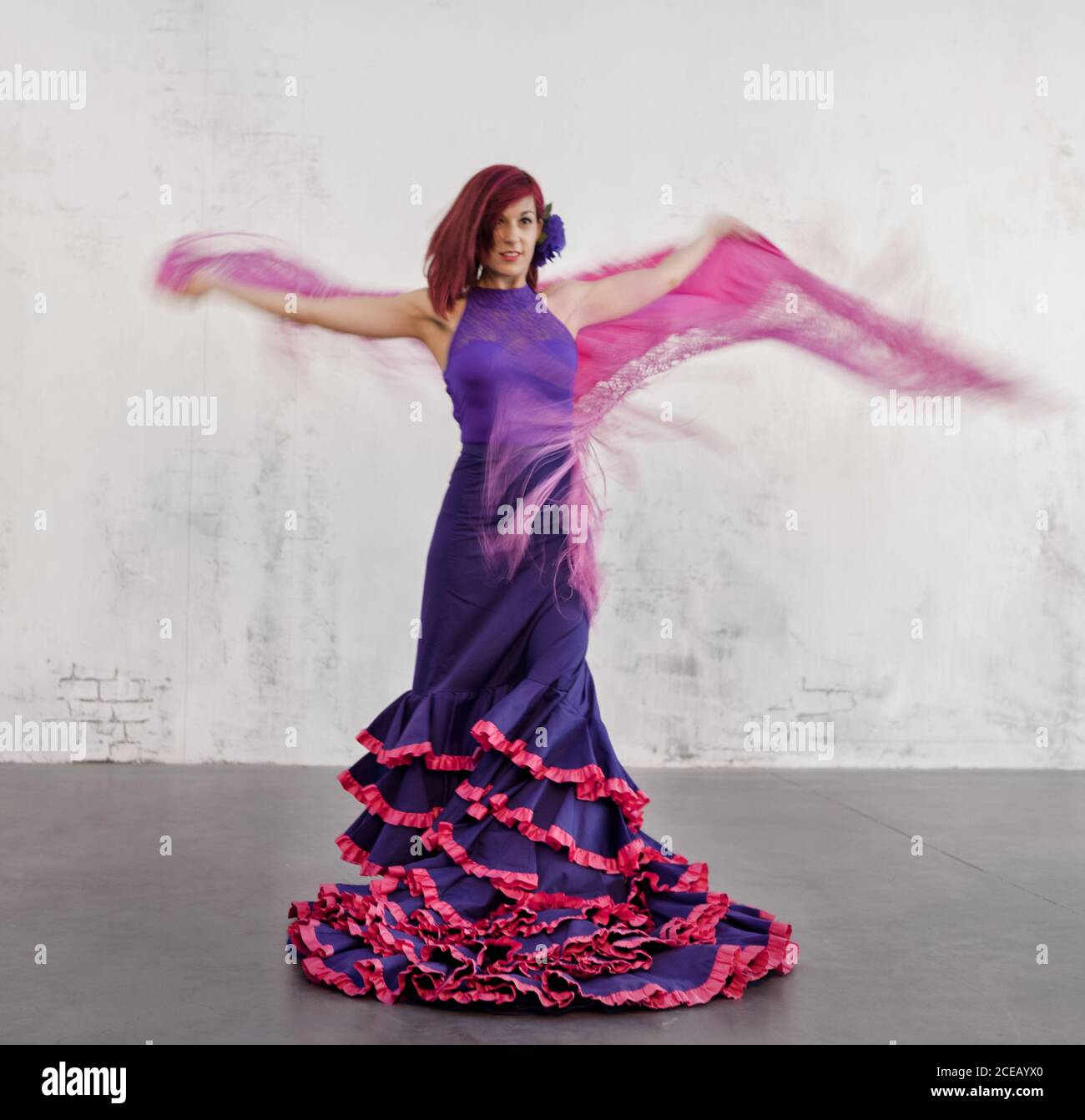 Flamenco dancer in action with the typical Spanish dance costume. High ...