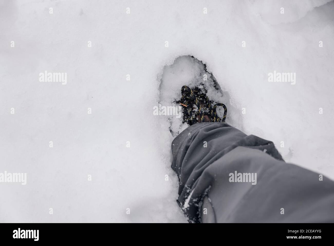 Foot on snow. Top view Stock Photo - Alamy