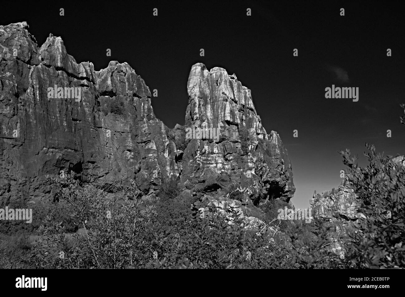 High steep sharp rocks with trees growing at bottom on background of ...