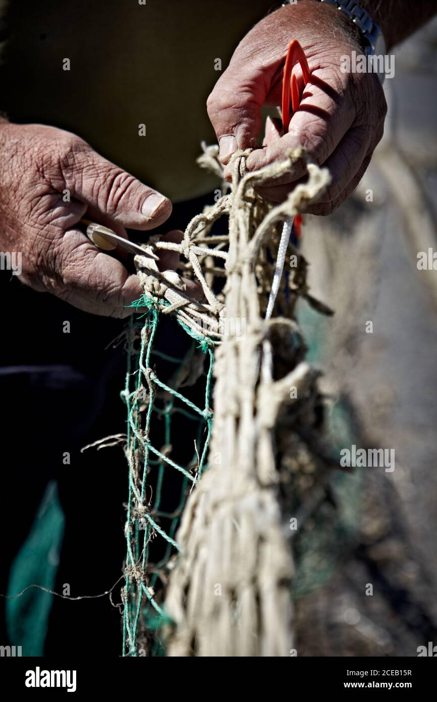 Crop from above view of man holding fishing net in hands and cutting ...