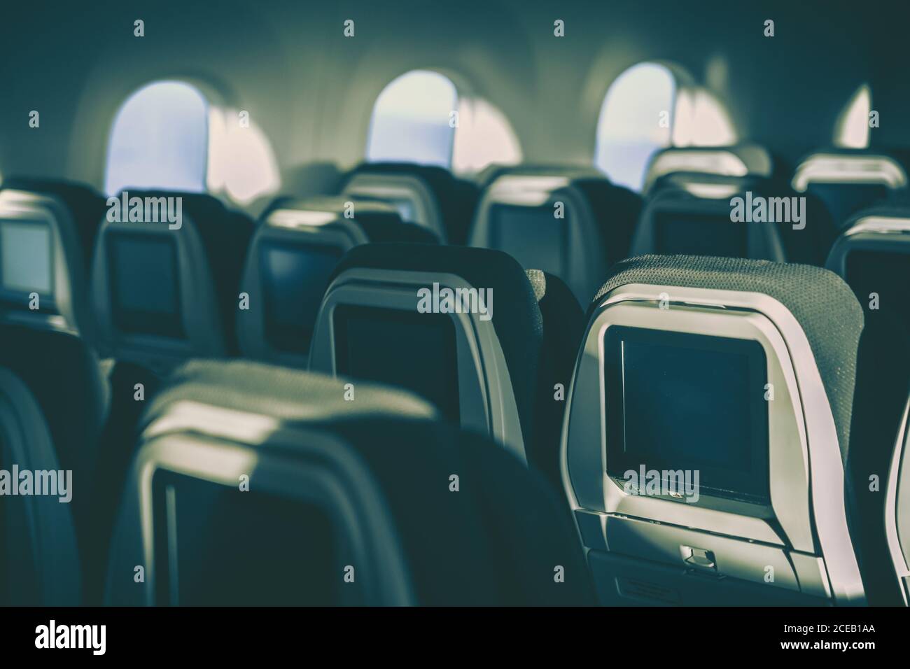 Empty economy aircraft cabin, Airport, aerospace Stock Photo - Alamy