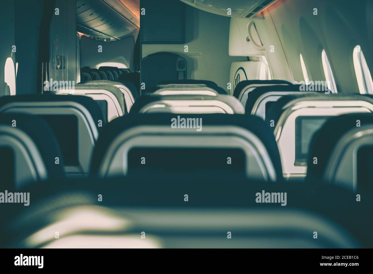 Empty economy aircraft cabin, Airport, aerospace Stock Photo - Alamy