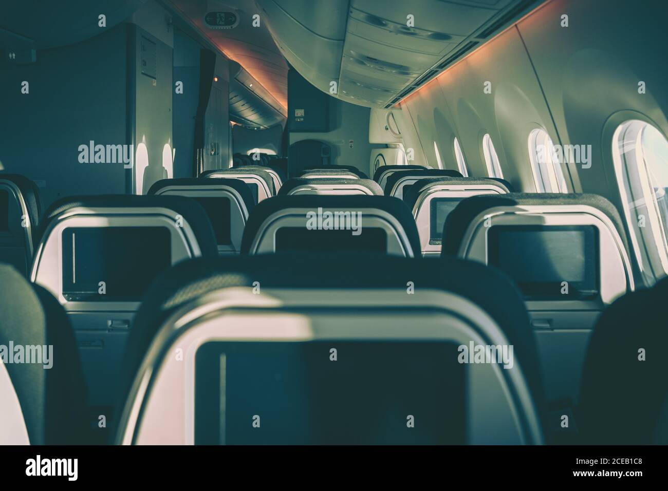 Empty economy aircraft cabin, Airport, aerospace Stock Photo - Alamy