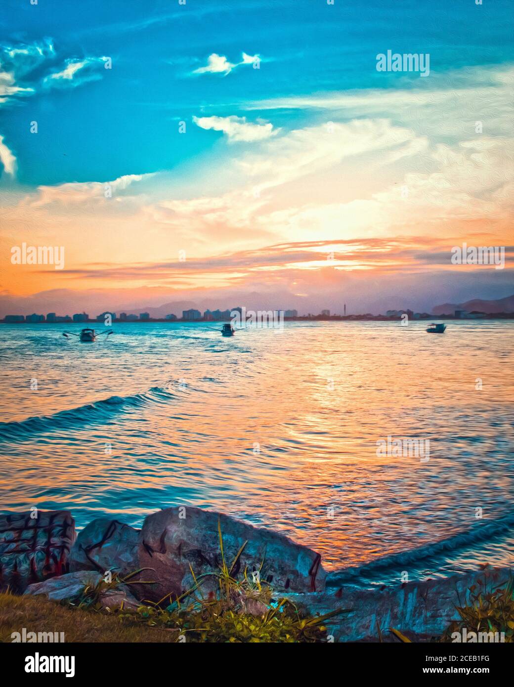 Colorful Landscape on the beach at sunset Stock Photo - Alamy