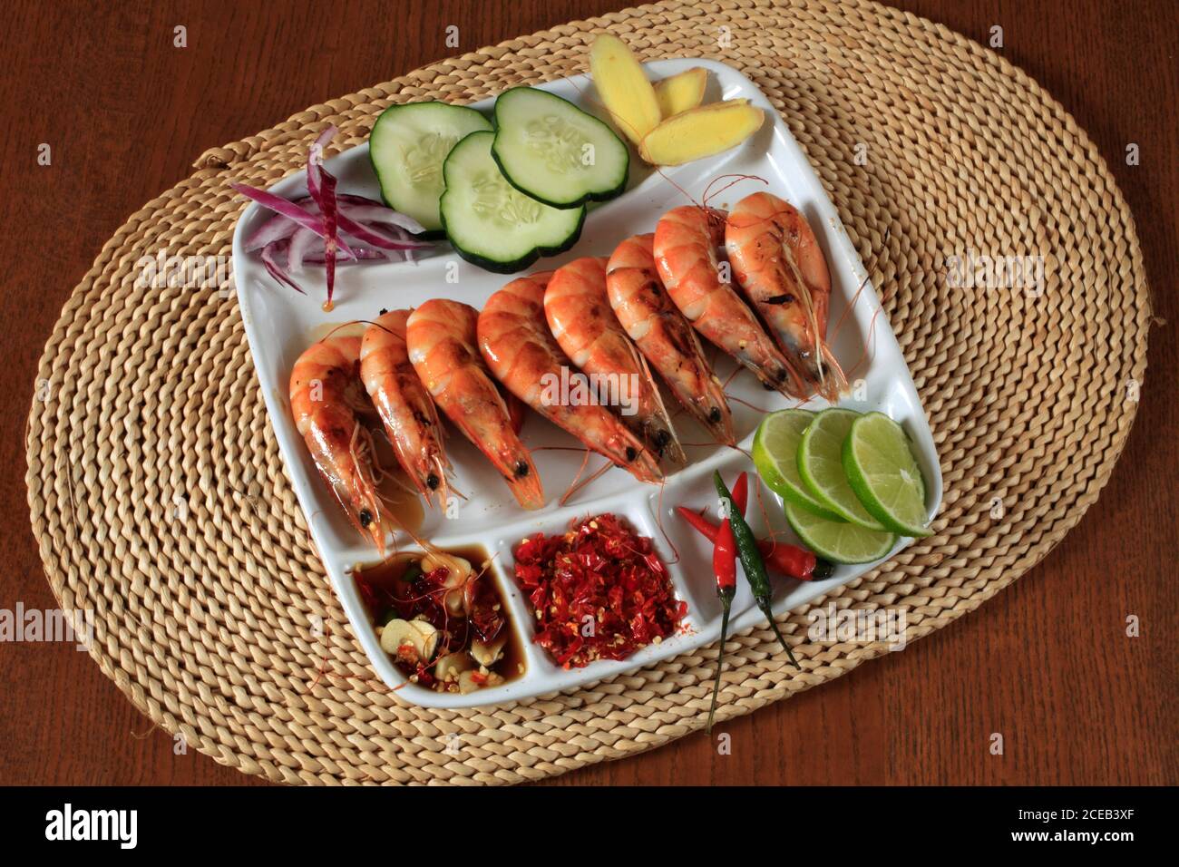 Grilled prawns, side dishes Stock Photo - Alamy