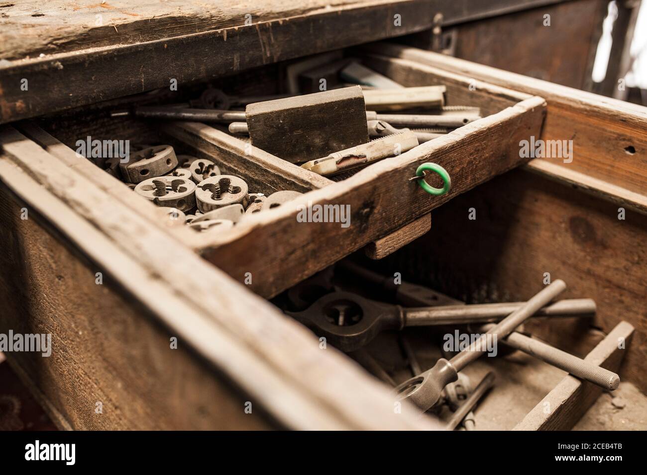 instruments in open box of wooden table with joiner tools Stock Photo ...