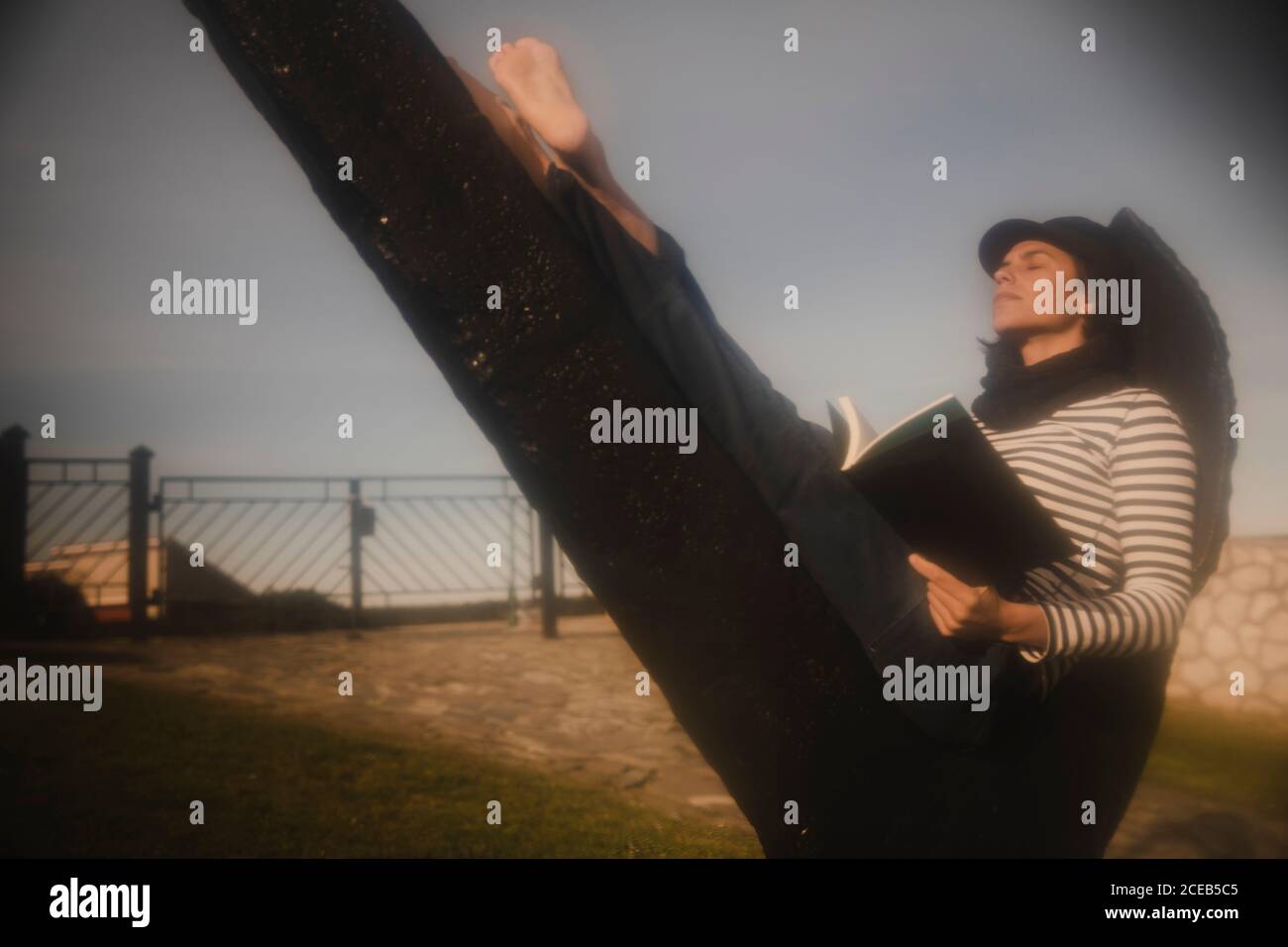 Side view of elegant lady in cap reading volume and sitting on abstract ...