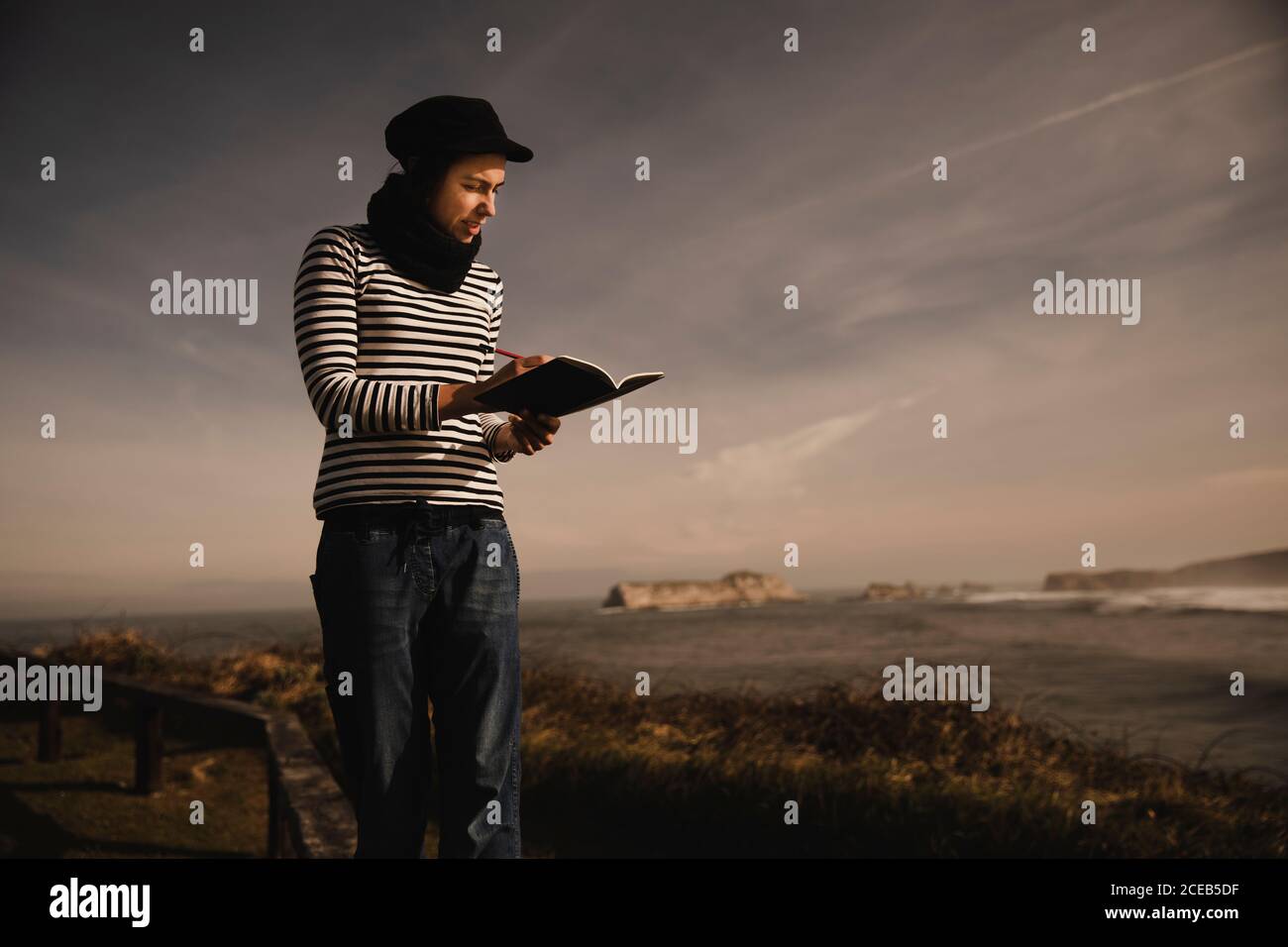 Elegant lady in cap taking notes in notepad and sitting on seat on ...