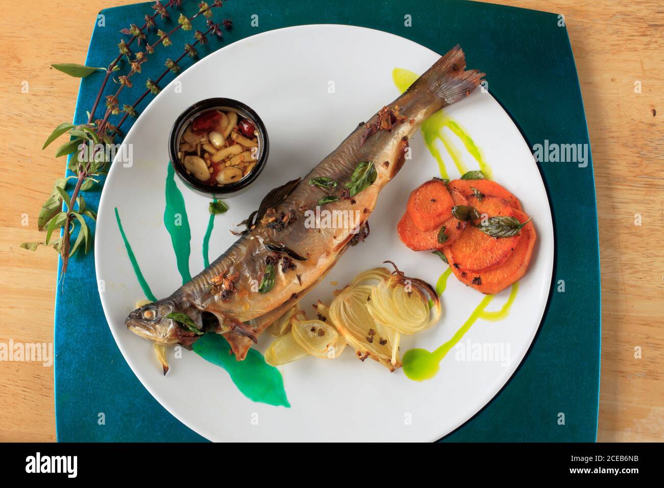 Arctic char; fish; oven baked, thai basil; onions; sweet potatoes, thai ...