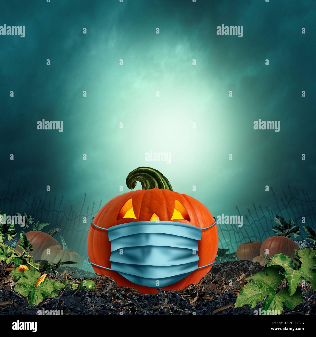 Safe Halloween face mask as a jack o lantern pumpkin wearing a medical ...