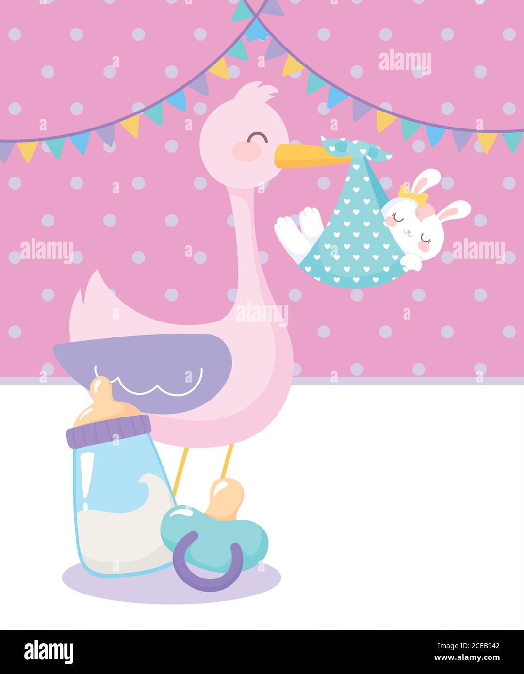 baby shower, stork with rabbit in blanket pacifier and bottle milk ...