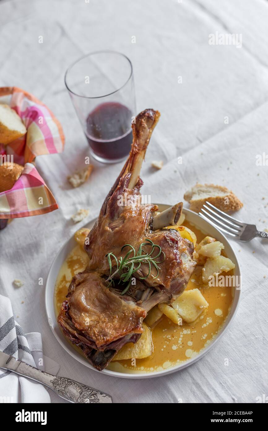 Roasted lamb with potatoes. Flat lay. from above Stock Photo - Alamy