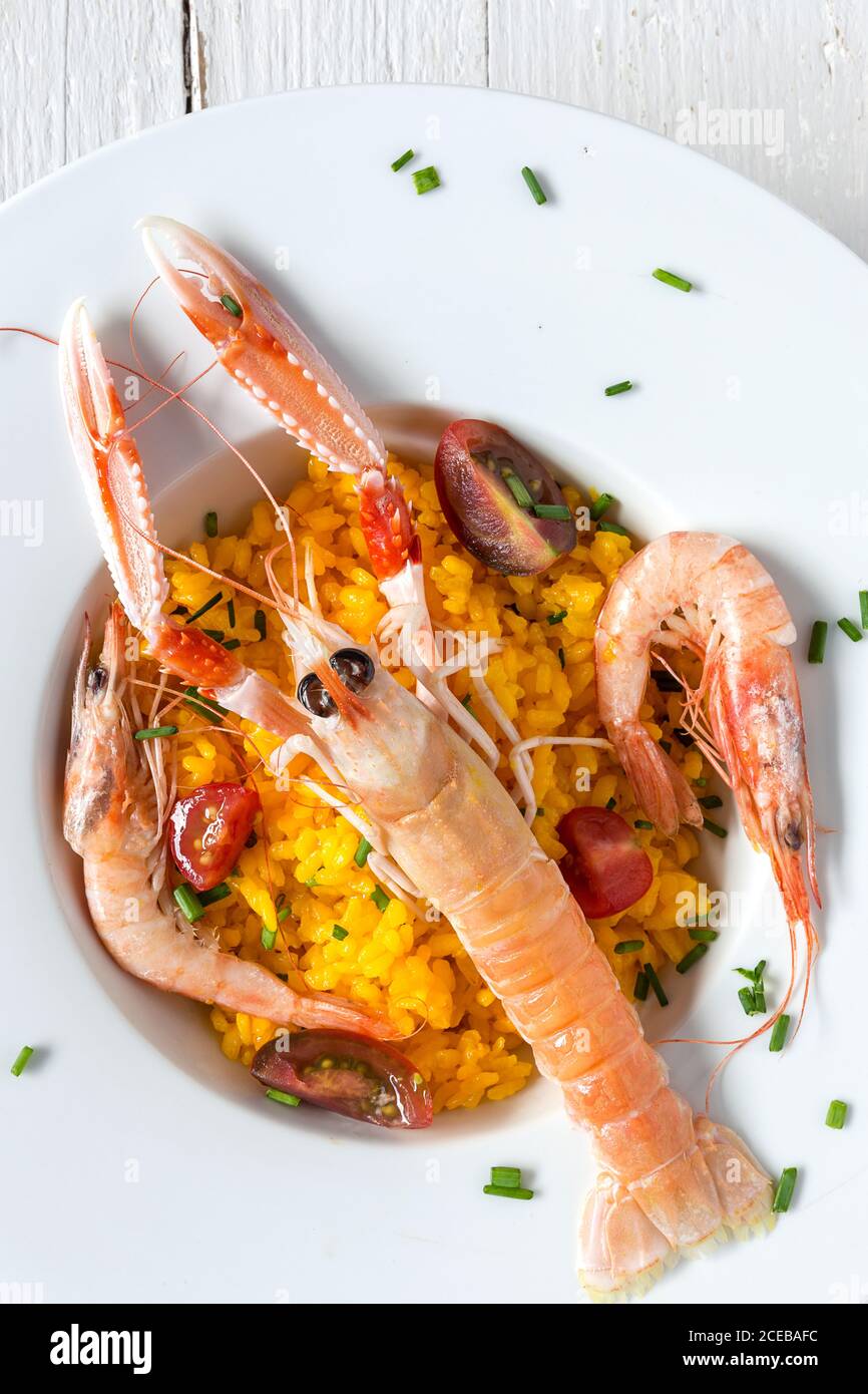 Homemade rice with crayfish and prawns. Flat lay. Top wiew. Paella ...