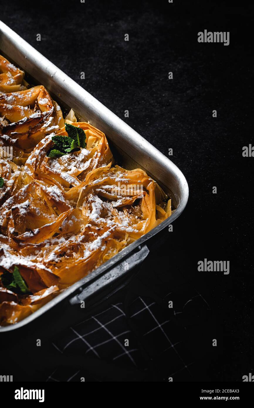 Filo dough cake with flower shape,homemade on dark background Stock ...