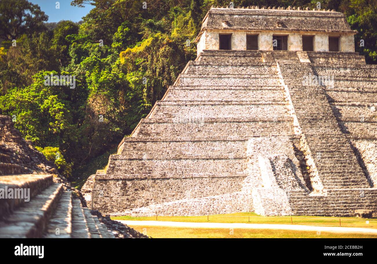 View of amazing Mayan pyramid located in Palenque city in Chiapas ...