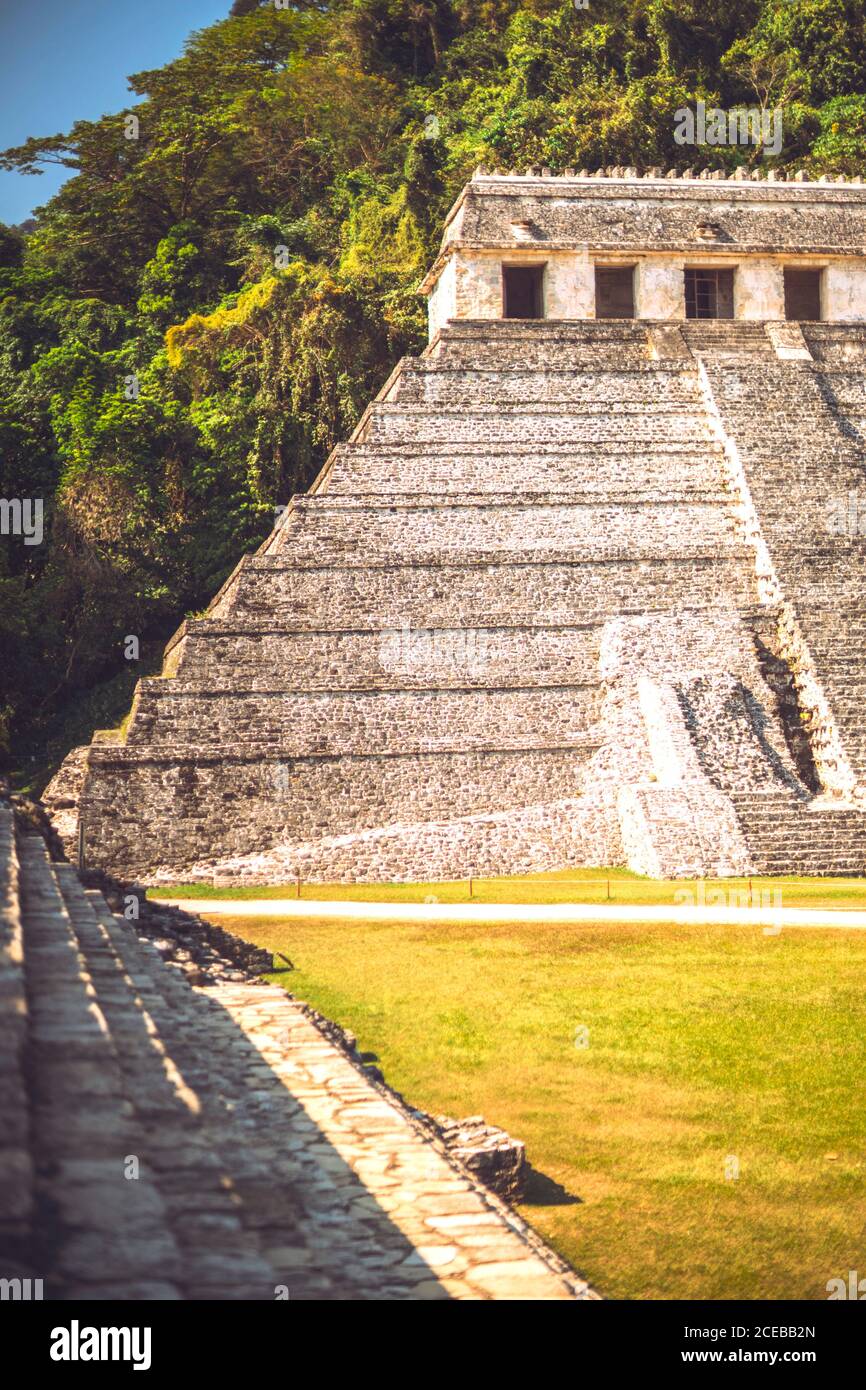 View of amazing Mayan pyramid located in Palenque city in Chiapas ...