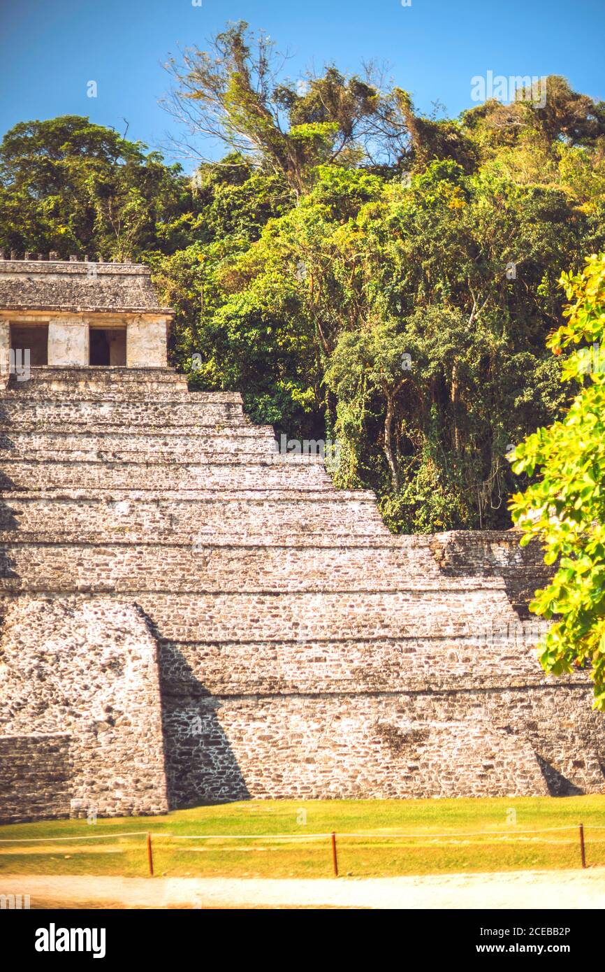 View of amazing Mayan pyramid located in Palenque city in Chiapas ...
