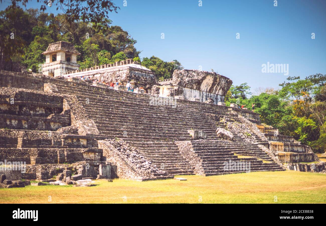 View of amazing Mayan pyramid located in Palenque city in Chiapas ...