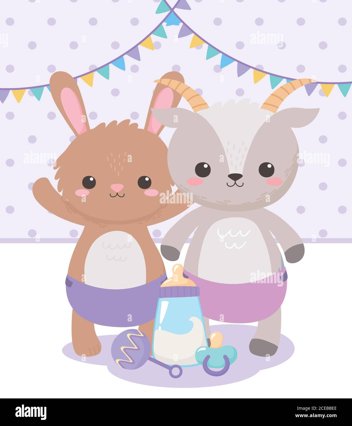 baby shower, cute rabbit goat with pacifier rattle and bottle milk ...