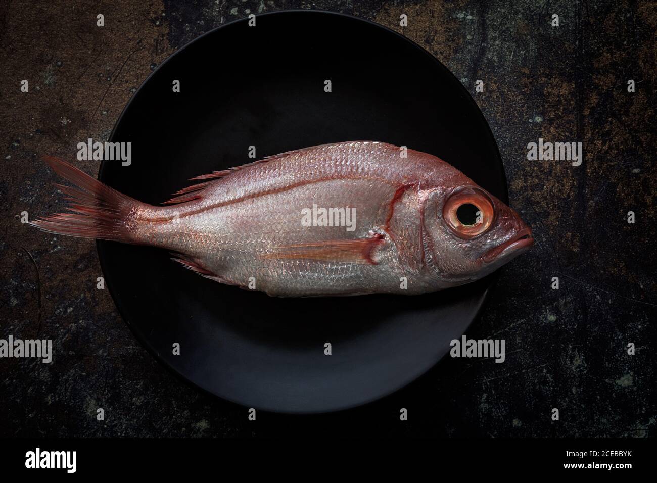 Red fish on plate on black background Stock Photo - Alamy