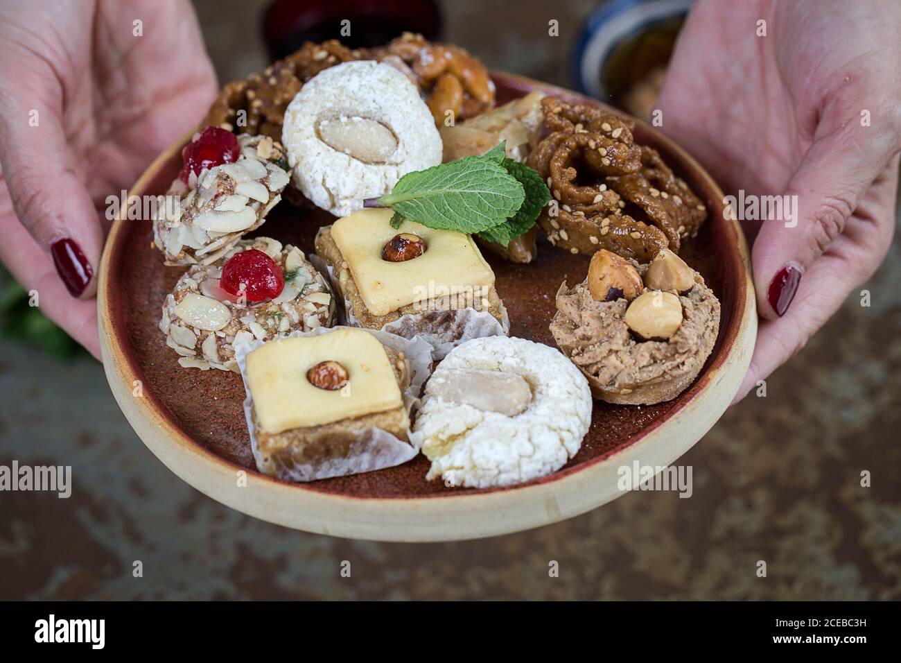Typical Moroccan sweets with honey and almonds. Homemade Stock Photo ...