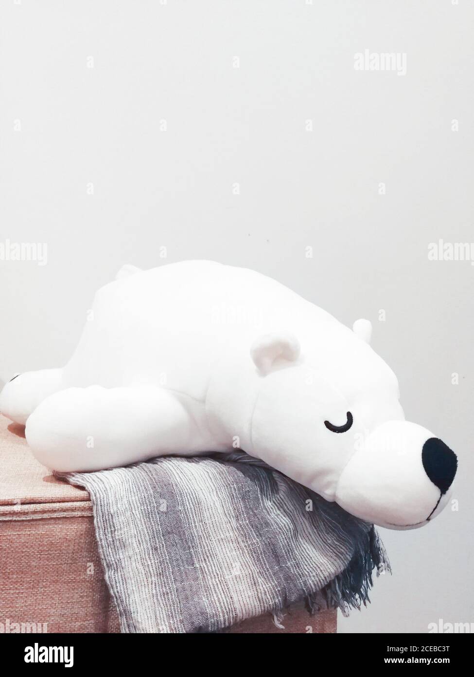 Cute and sleepy teddy laying on soft leather at the corner Stock Photo ...