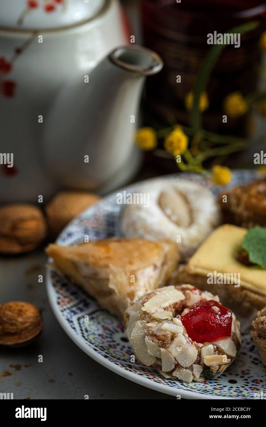 Typical Moroccan sweets with honey and almonds. Homemade Stock Photo ...