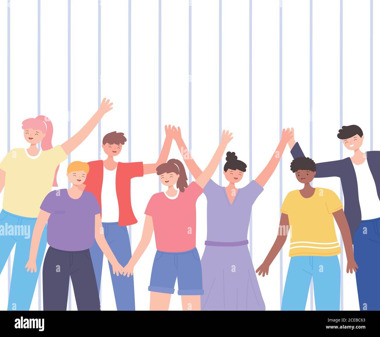 people together, persons standing together and hands up, male and ...
