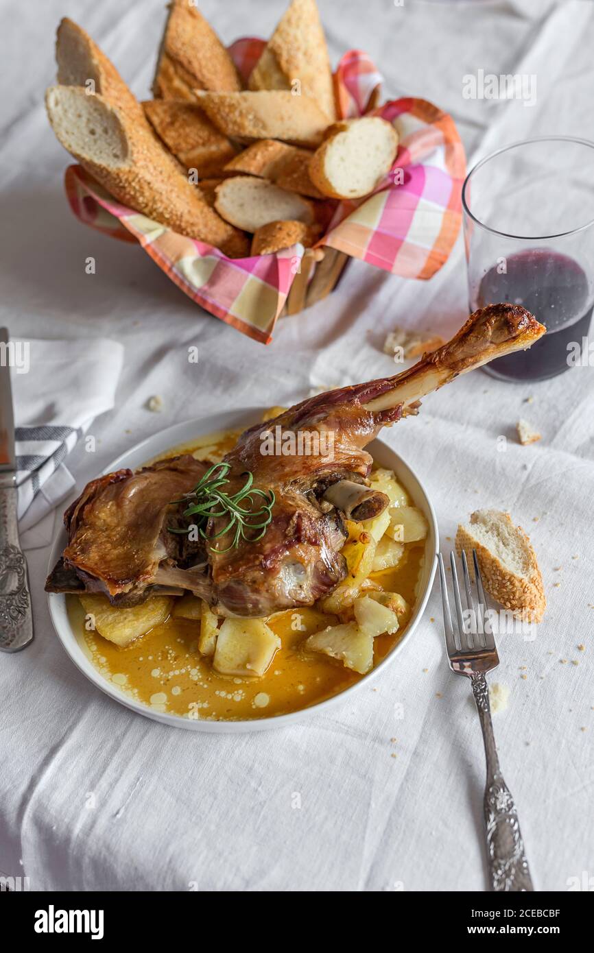 Roasted lamb with potatoes. Flat lay. from above Stock Photo - Alamy