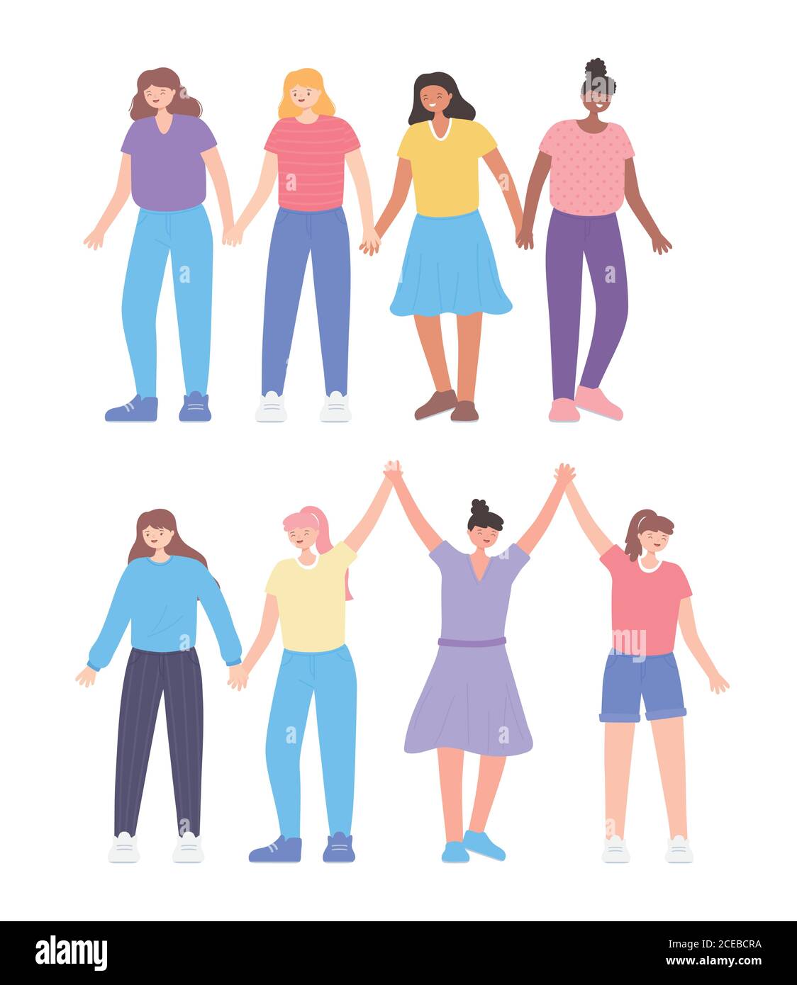 people together, group young women female cartoon characters vector ...