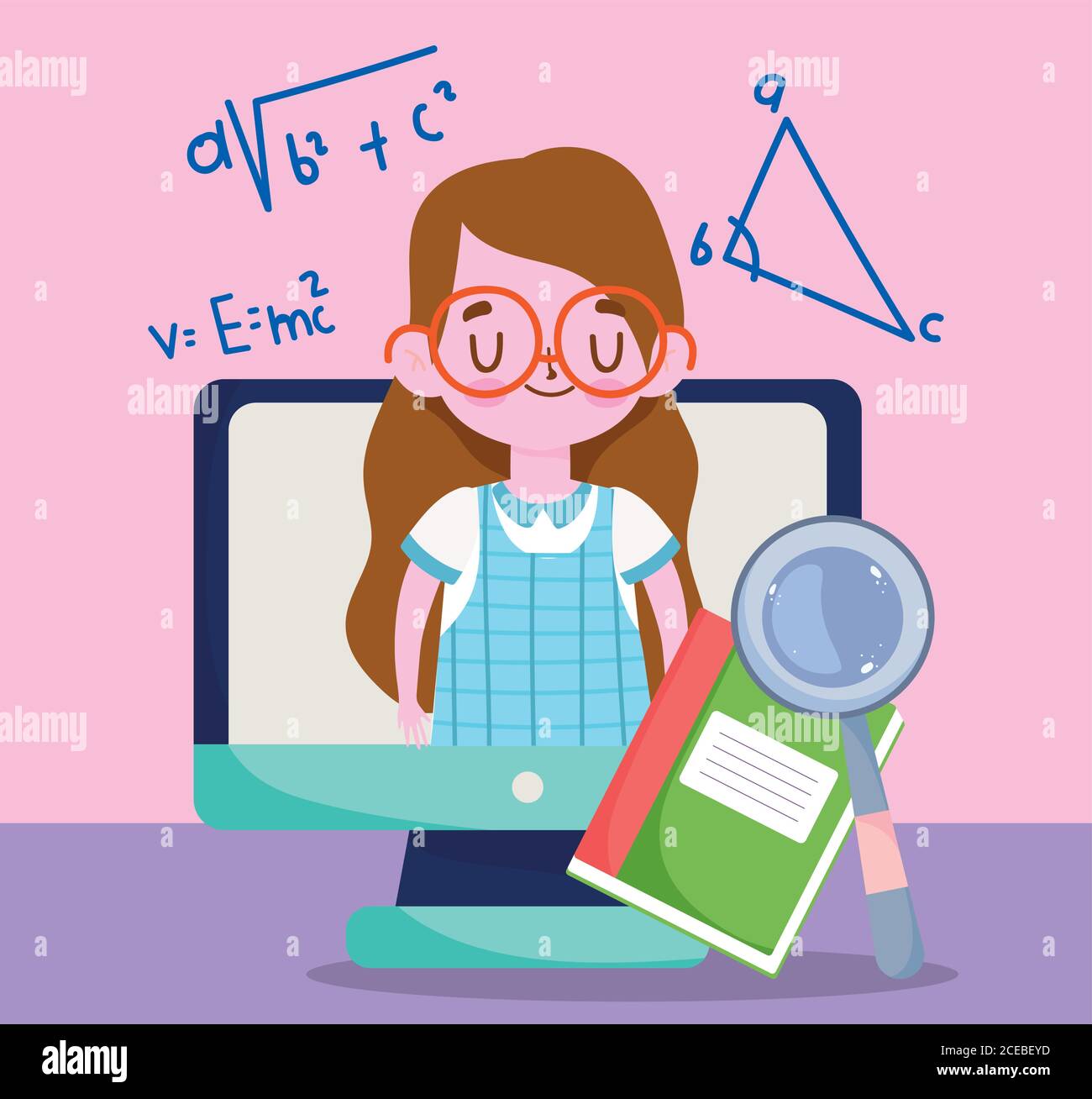 happy teachers day, student girl computer book and magnifier vector ...