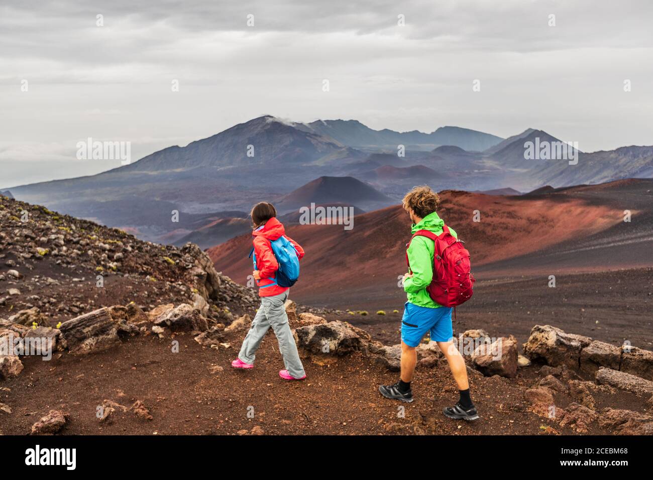 Hawaii volcano hikers people walking hiking on mountains in Haleakala ...