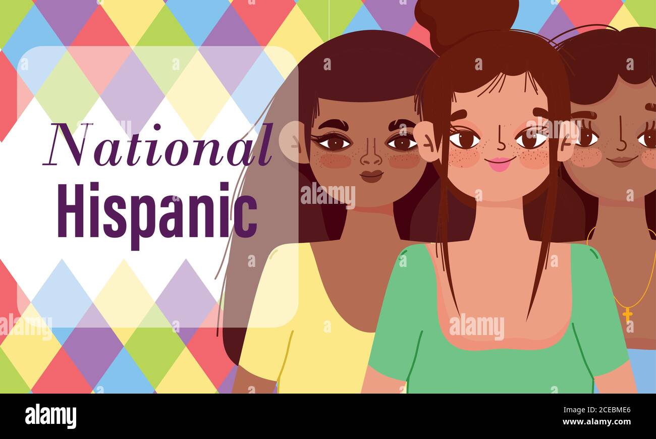national hispanic heritage month, group young women portrait cartoon ...