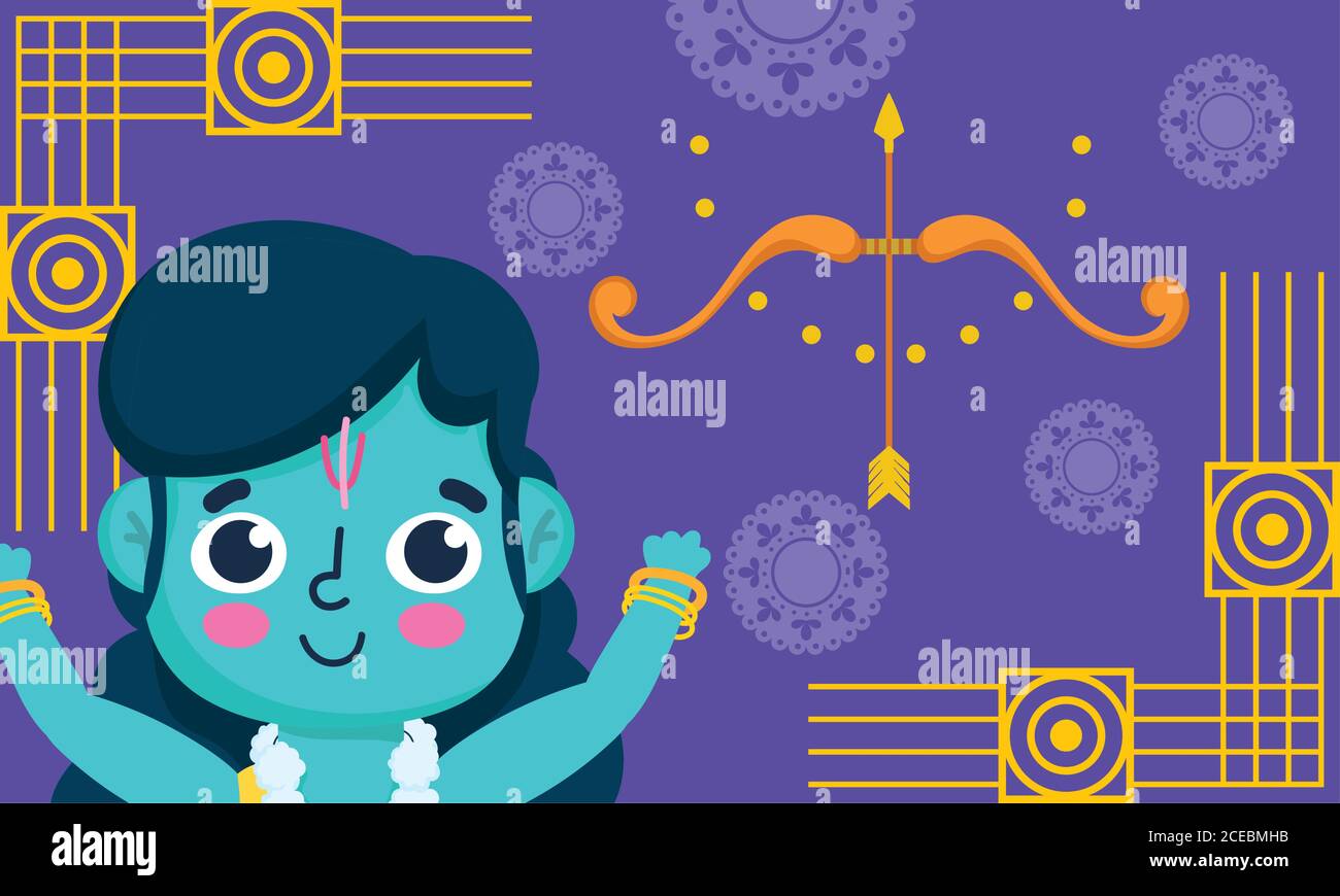 Happy Dussehra Festival Of India Lord Rama Cartoon Bow Arrow Purple