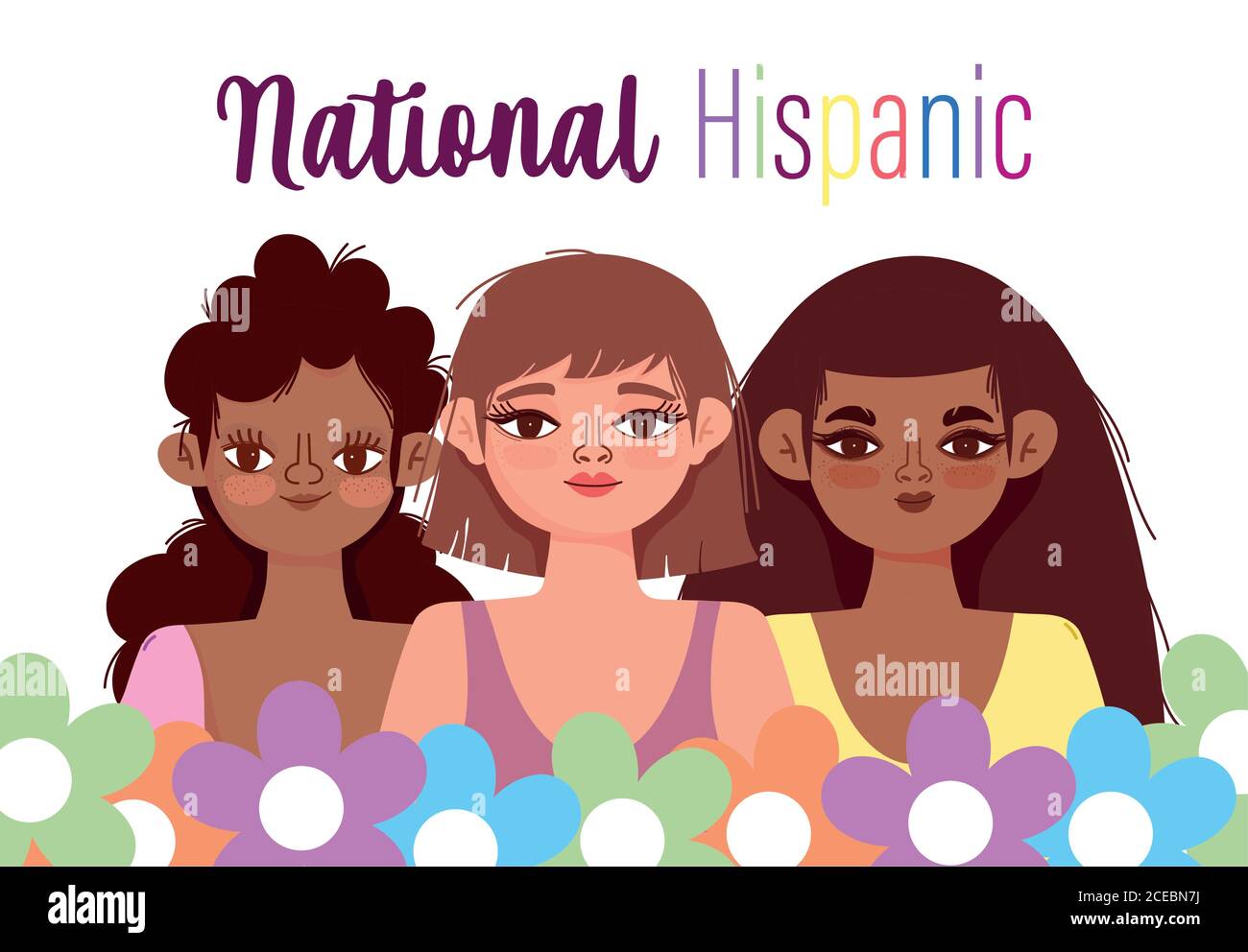 national hispanic heritage month, group women flowers portrait cartoon ...