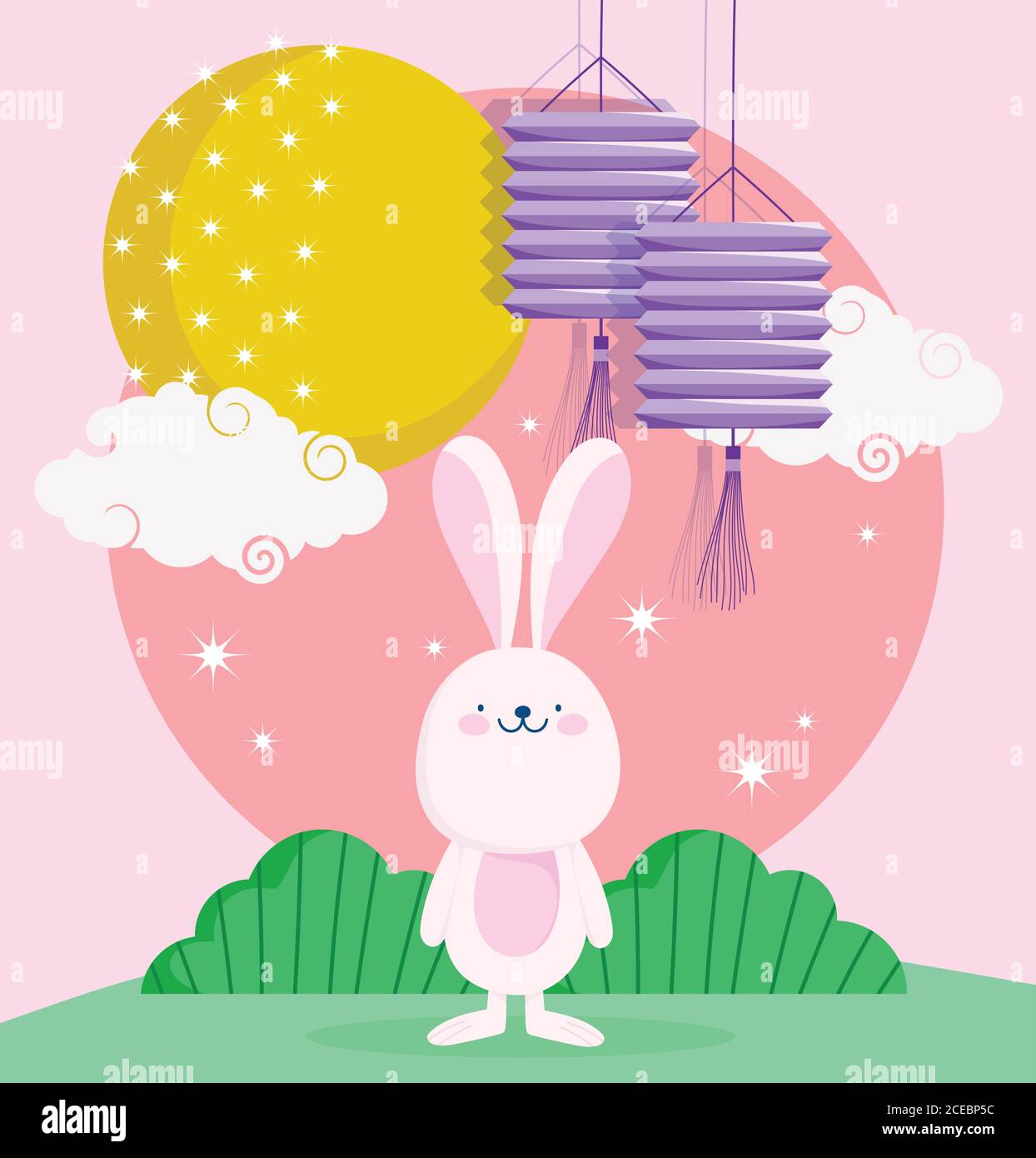 happy mid autumn festival, cute bunny lanterns moon clouds cartoon ...